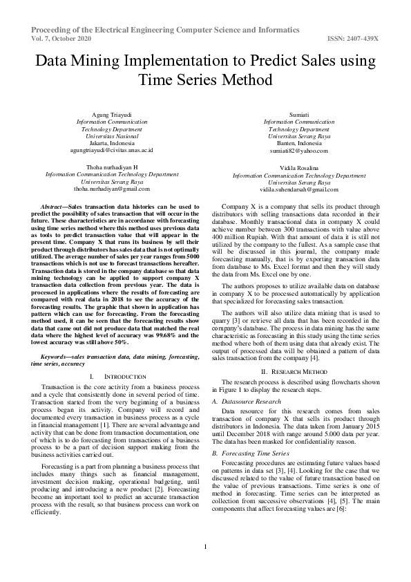 Pdf Data Mining Implementation To Predict Sales Using Time Series Method 3947