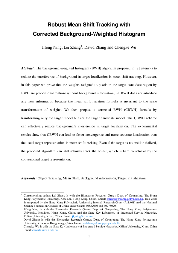 (PDF) Robust mean shift tracking with corrected background-weighted histogram