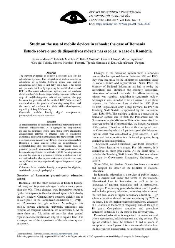 (PDF) Study on the use of mobile devices in schools: the case of Romania