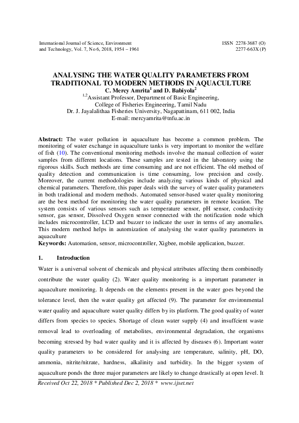 (PDF) Analysing the Water Quality Parameters from Traditional to Modern ...