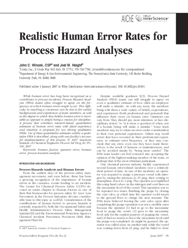 (PDF) Realistic human error rates for process hazard analyses