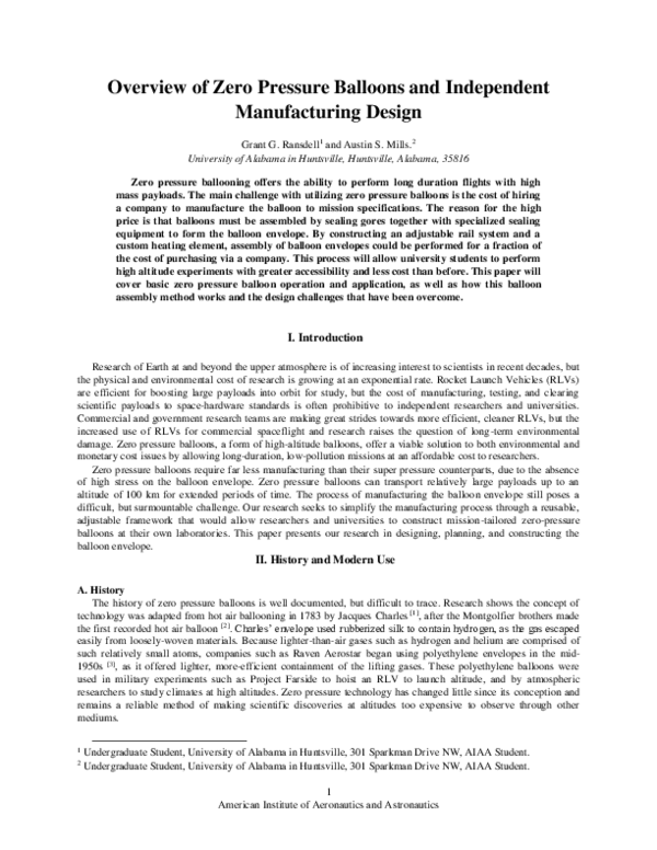 (PDF) Overview of Zero Pressure Balloons and Independent Manufacturing ...
