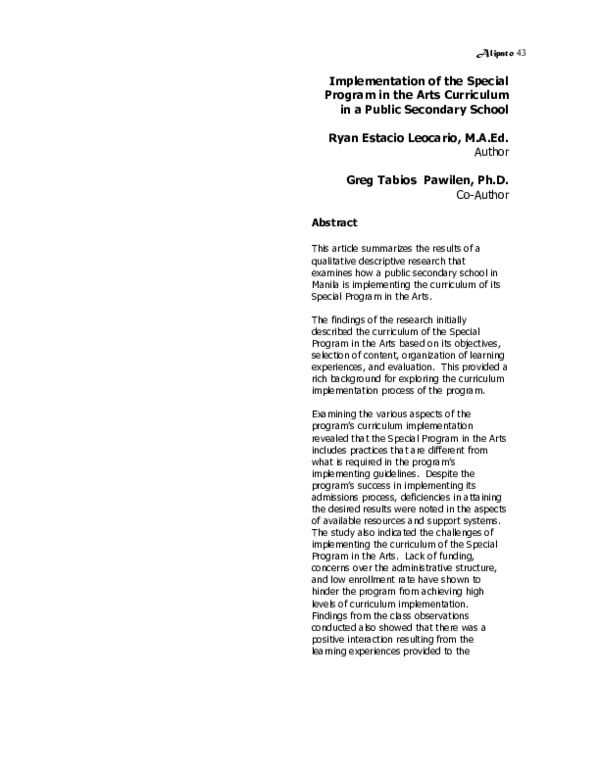 (PDF) Implementation of the Special Program in the Arts Curriculum in a ...