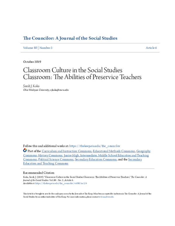 (PDF) Classroom Culture in the Social Studies Classroom: The Abilities ...