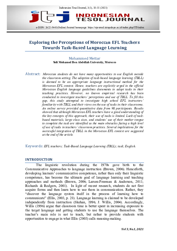 (PDF) Exploring the Perceptions of Moroccan EFL Teachers Towards Task-Based Language Learning