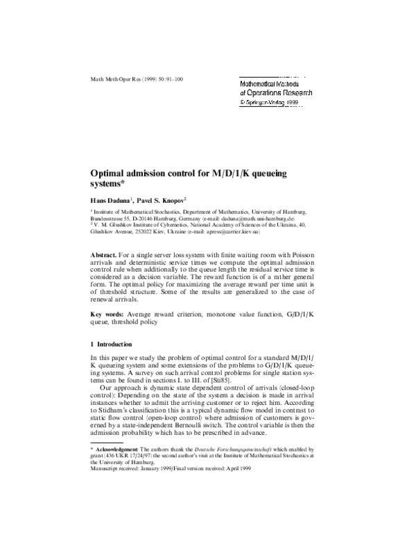 (PDF) Optimal admission control for M/D/1/K queueing systems