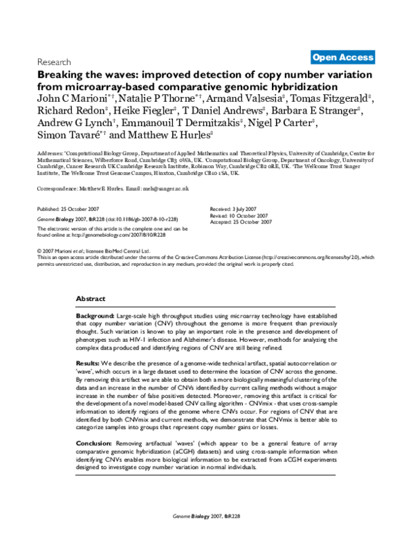 (PDF) Breaking the waves: improved detection of copy number variation from microarray-based ...