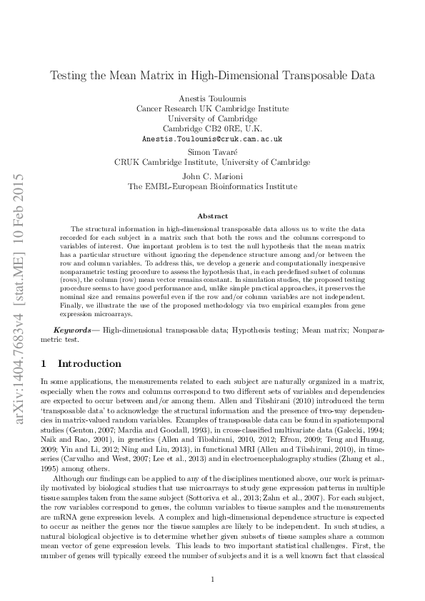 Pdf Testing The Mean Matrix In High Dimensional Transposable Data