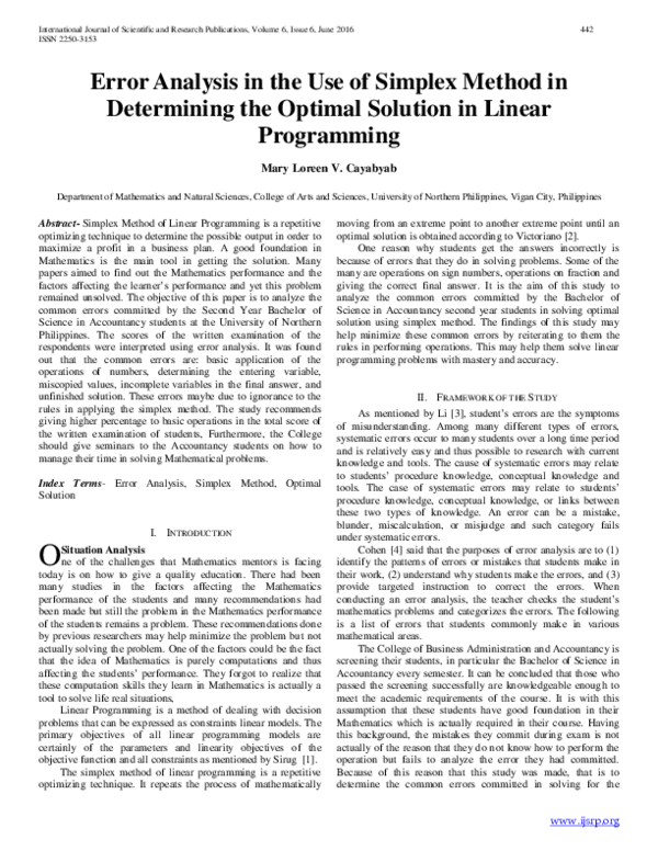 (PDF) Error Analysis in the Use of Simplex Method in Determining the Optimal Solution in Linear ...