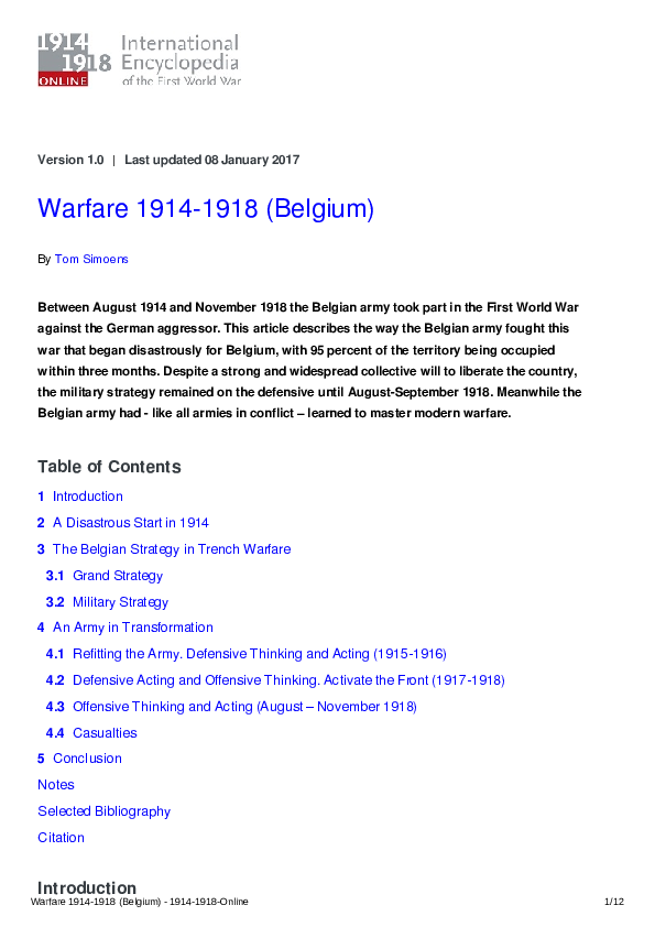 (PDF) Warfare 1914-1918 (Belgium) | International Encyclopedia of the ...