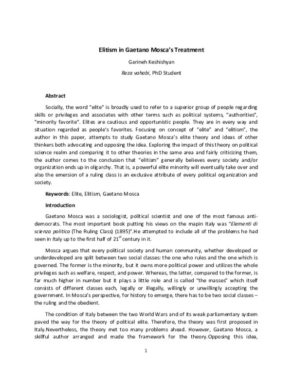 (PDF) Elitism in Gaetano Mosca ’ s Treatment