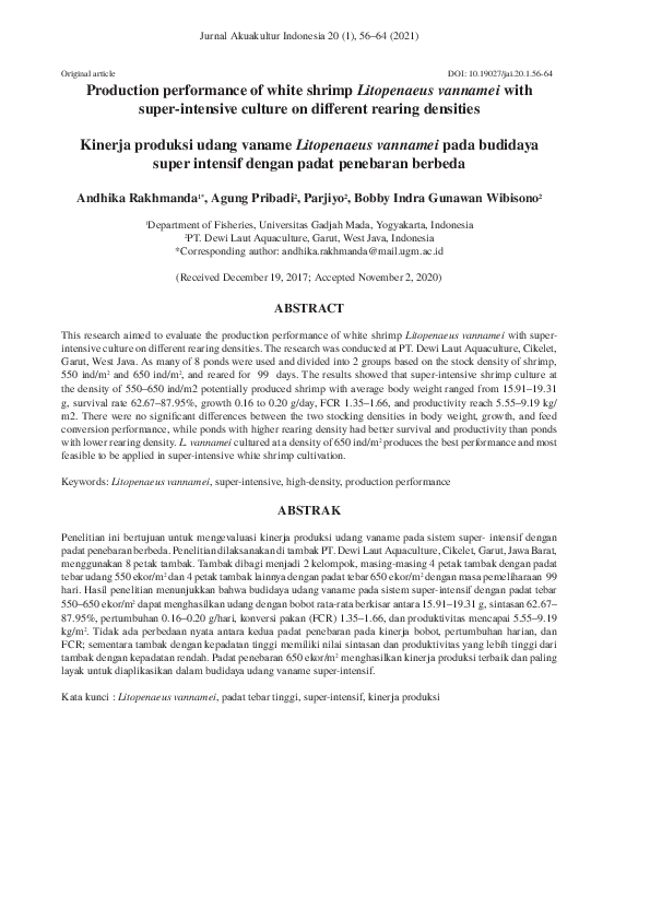 (PDF) Production performance of white shrimp Litopenaeus vannamei with super-intensive culture ...