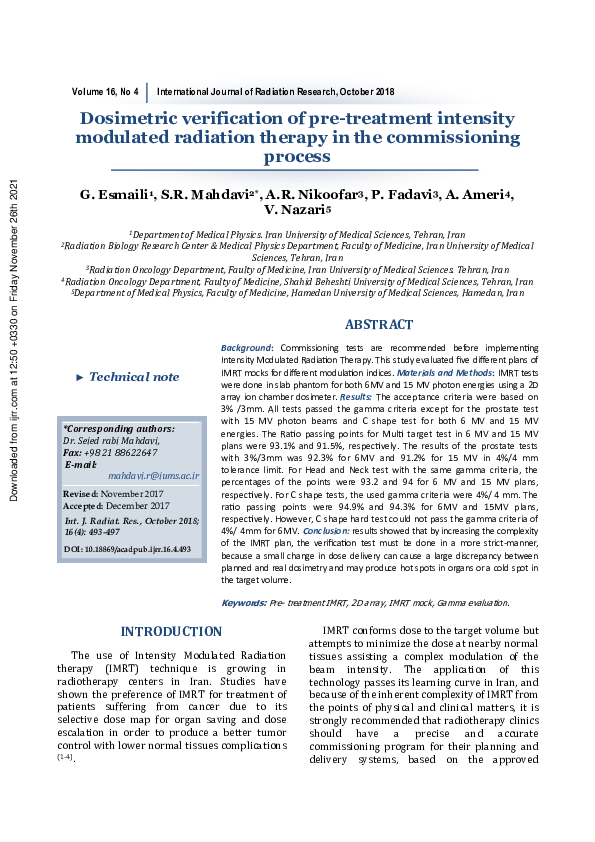 (PDF) Dosimetric verification of pre-treatment intensity modulated radiation therapy in the ...