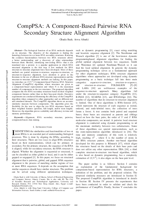 Pdf Comppsa A Component Based Pairwise Rna Secondary Structure Alignment Algorithm