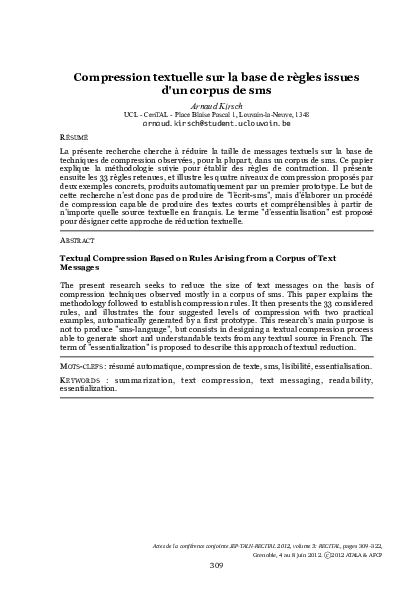 (PDF) Compression textuelle sur la base de règles issues d’un corpus de ...