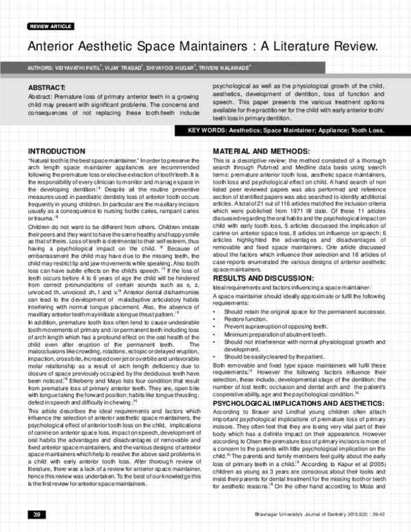 (PDF) Anterior Aesthetic Space Maintainers : A Literature Review
