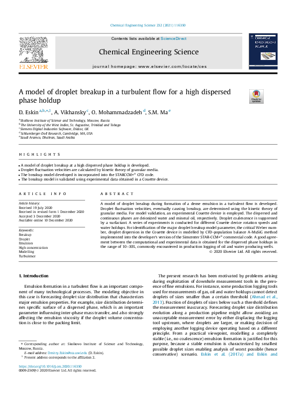 (PDF) A model of droplet breakup in a turbulent flow for a high ...