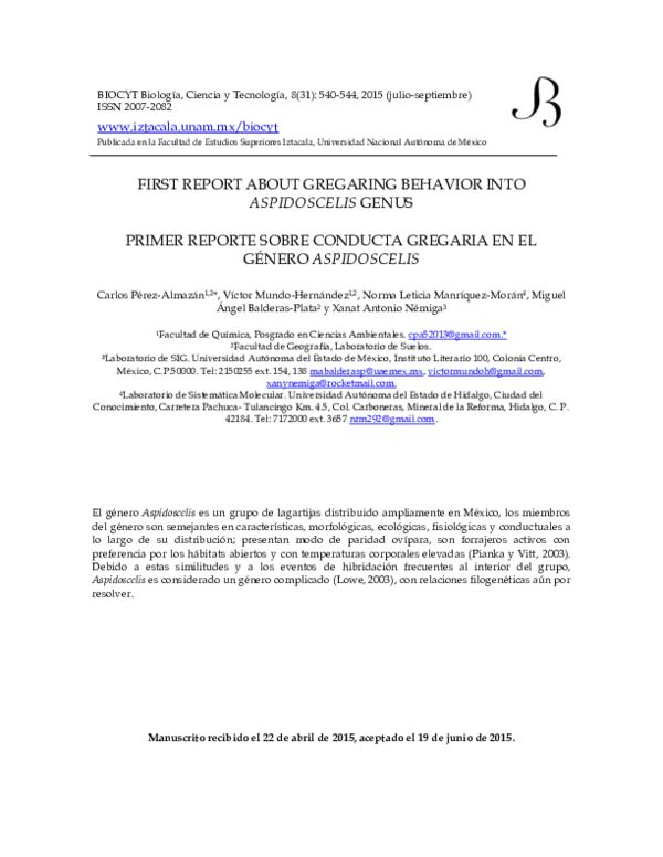 (PDF) Primer Reporte Sobre Conducta Gregaria en El Género Aspidoscelis