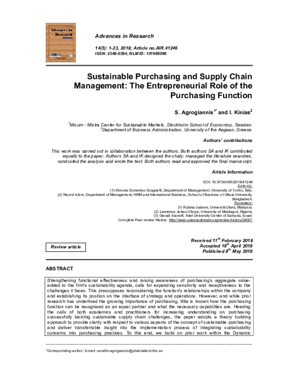 (PDF) Sustainable Purchasing and Supply Chain Management: The ...
