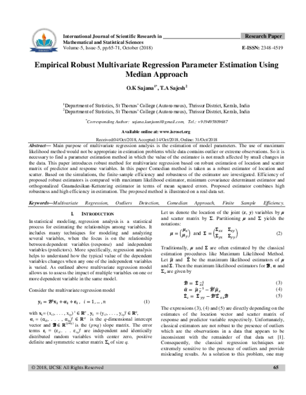 (PDF) Empirical Robust Multivariate Regression Parameter Estimation Using Median Approach