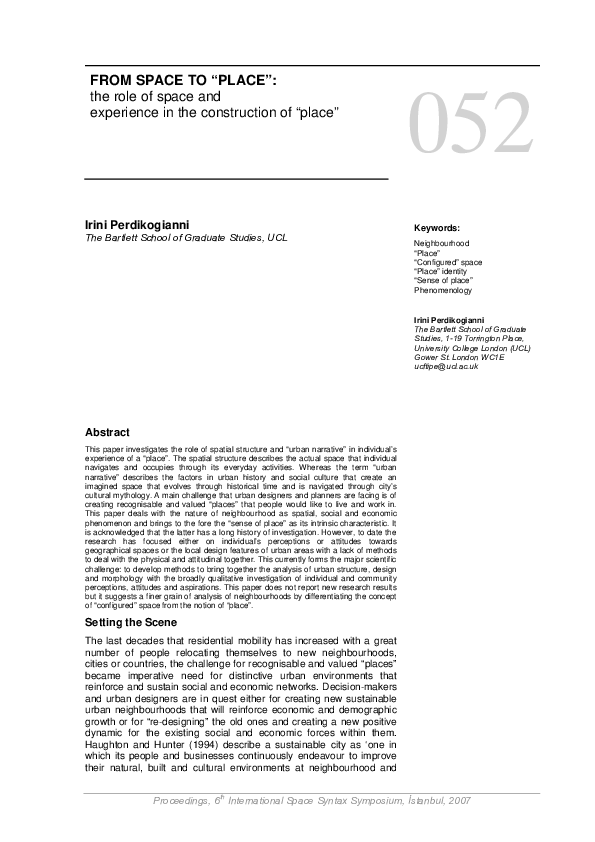 (PDF) FROM SPACE TO “ PLACE ” : the role of space and experience in the ...