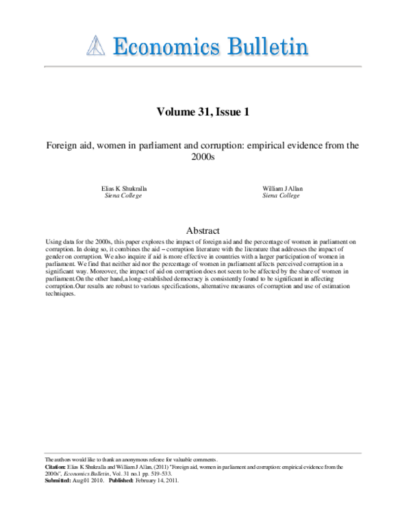 (PDF) Foreign Aid, Women in Parliament & Corruption