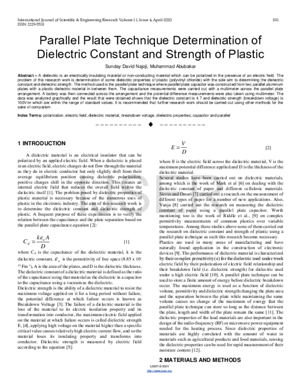 (PDF) Parallel Plate Technique Determination of Dielectric Constant and ...