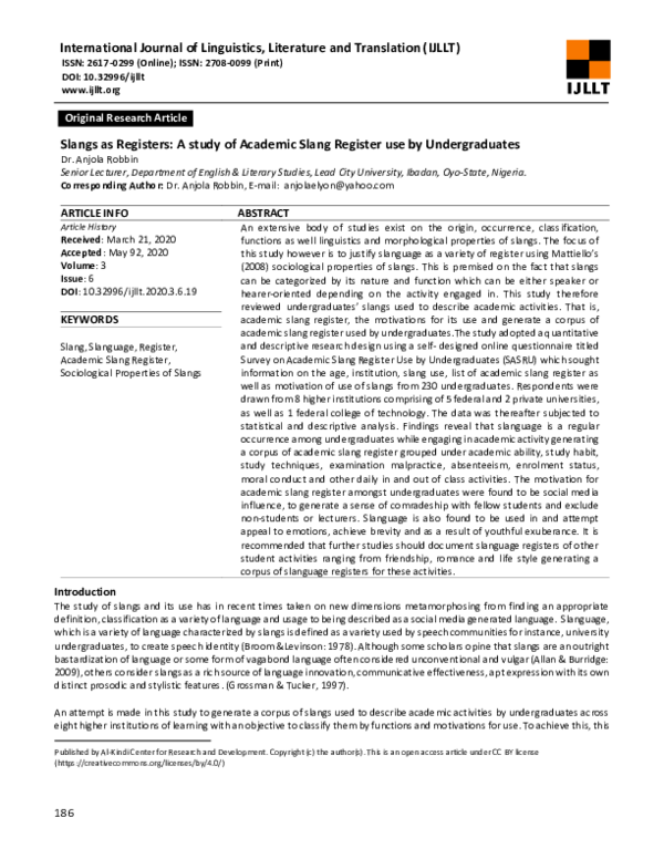 (PDF) Slangs as Registers: A study of Academic Slang Register use by ...