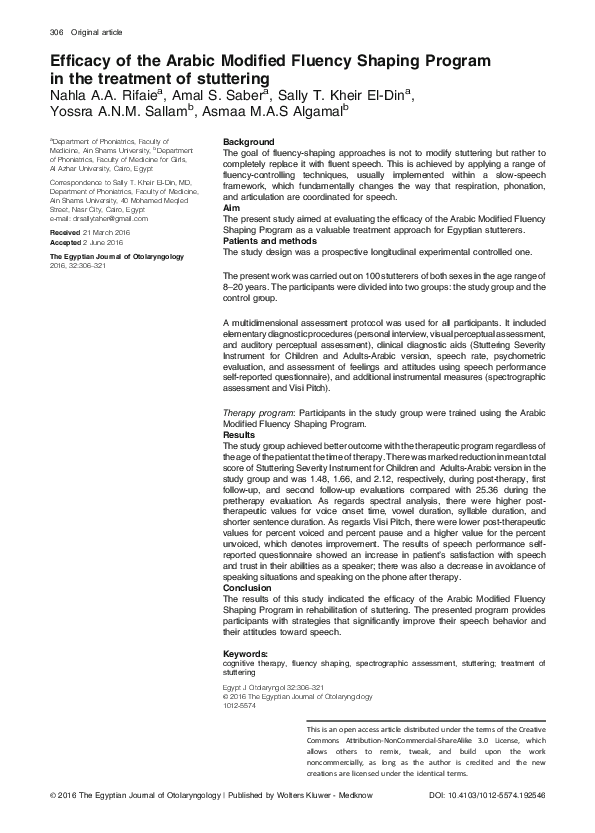 (PDF) Efficacy of the Arabic Modified Fluency Shaping Program in the ...