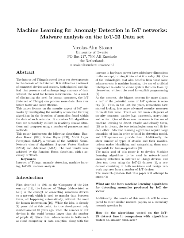 (PDF) Machine Learning for Anomaly Detection in IoT networks: Malware analysis on the IoT-23 ...