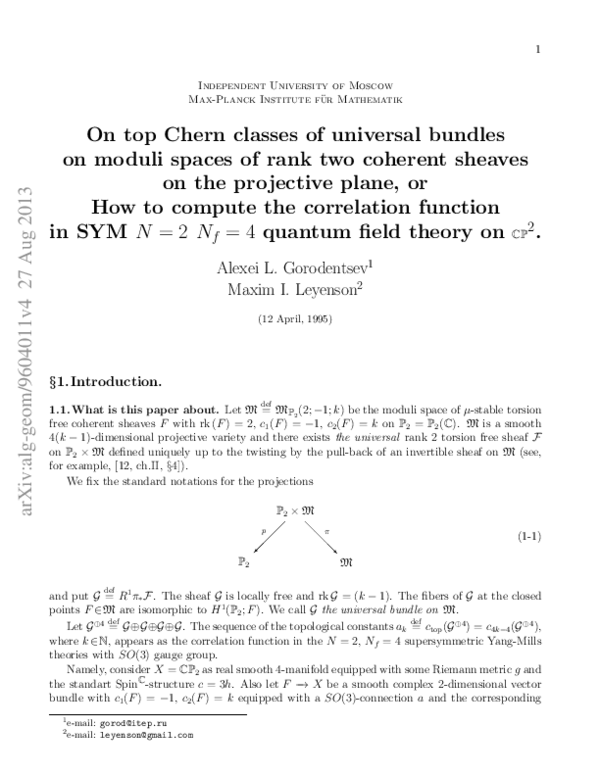 (PDF) On top Chern classes of universal bundles on moduli spaces of ...