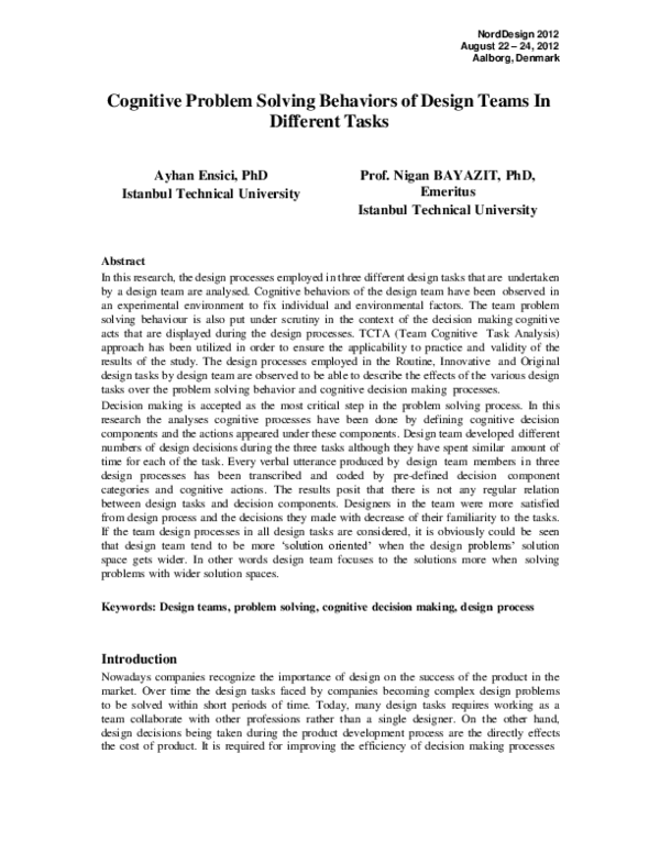 (PDF) Cognitive Problem Solving Behaviors of Design Teams In Dierent Task