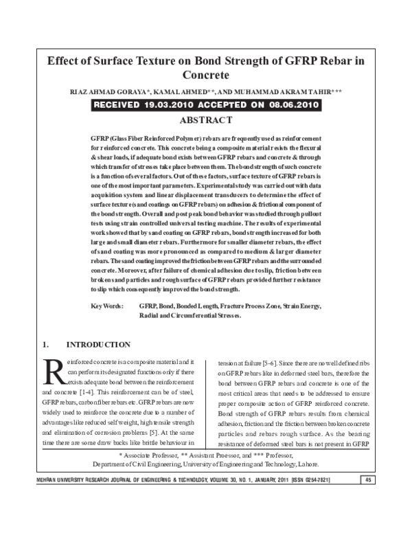 (PDF) Effect of Surface Texture on Bond Strength of GFRP Rebar in Concrete