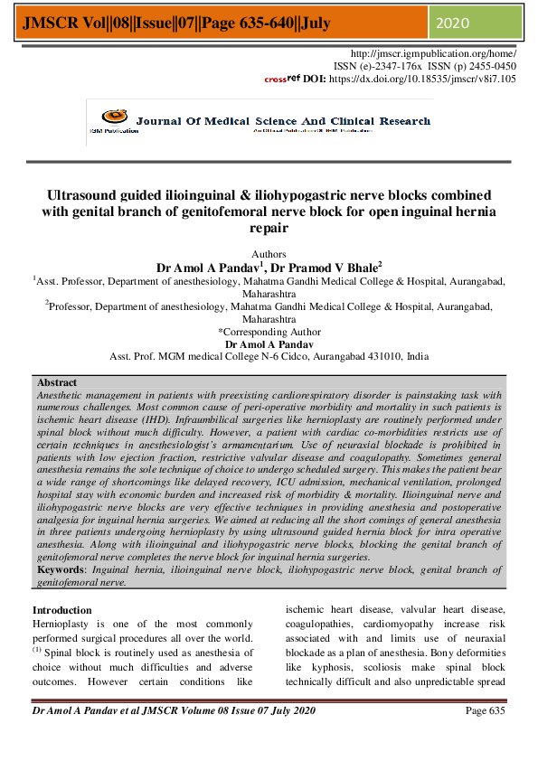 (PDF) Ultrasound guided ilioinguinal & iliohypogastric nerve blocks combined with genital branch ...
