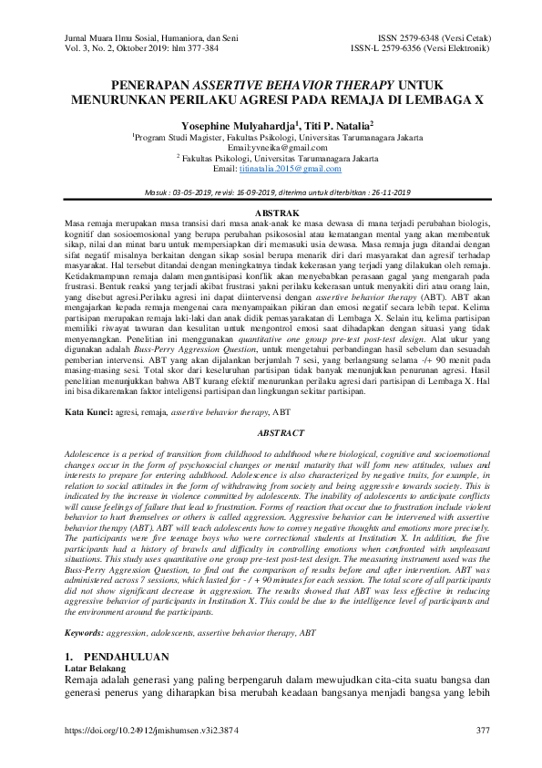 (PDF) Penerapan Assertive Behavior Therapy Untuk Menurunkan Perilaku Agresi Pada Remaja DI Lembaga X