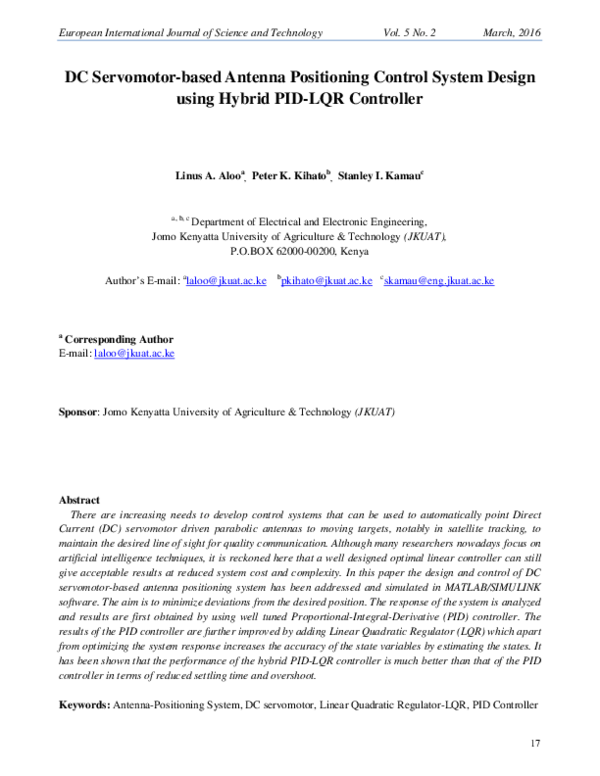 (PDF) Servomotor-based Antenna Positioning Control System Design using Hybrid PID-LQR Controller