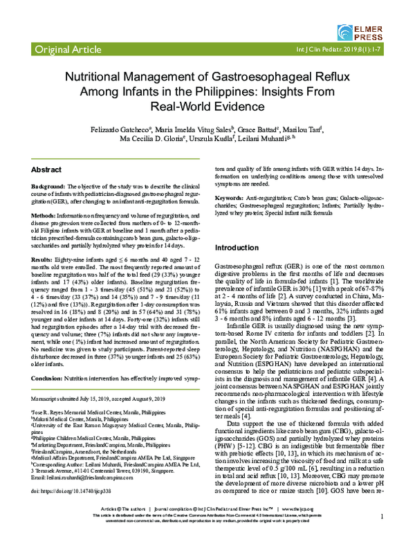 (PDF) Nutritional Management of Gastroesophageal Reflux Among Infants ...