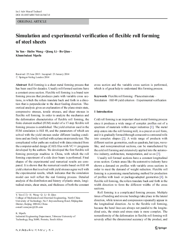 (PDF) Simulation and experimental verification of flexible roll forming of steel sheets