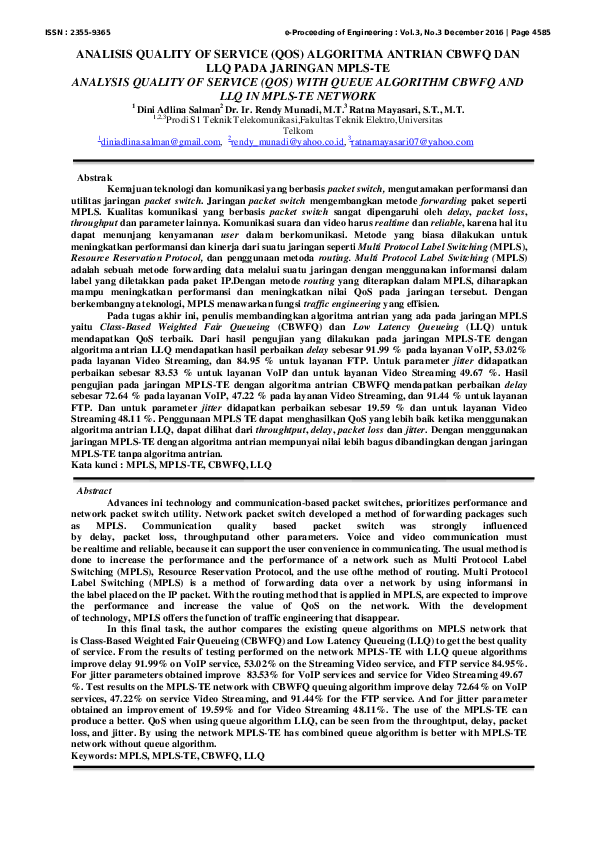 Pdf Analisis Quality Of Service Qos Algoritma Antrian Cbwfq Dan Llq