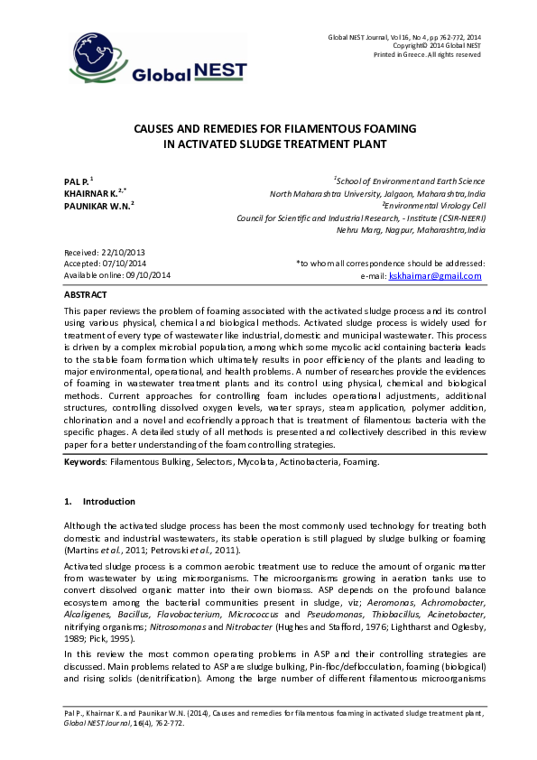 (PDF) “Causes and Remedies for Filamentous Foaming in Activated Sludge ...