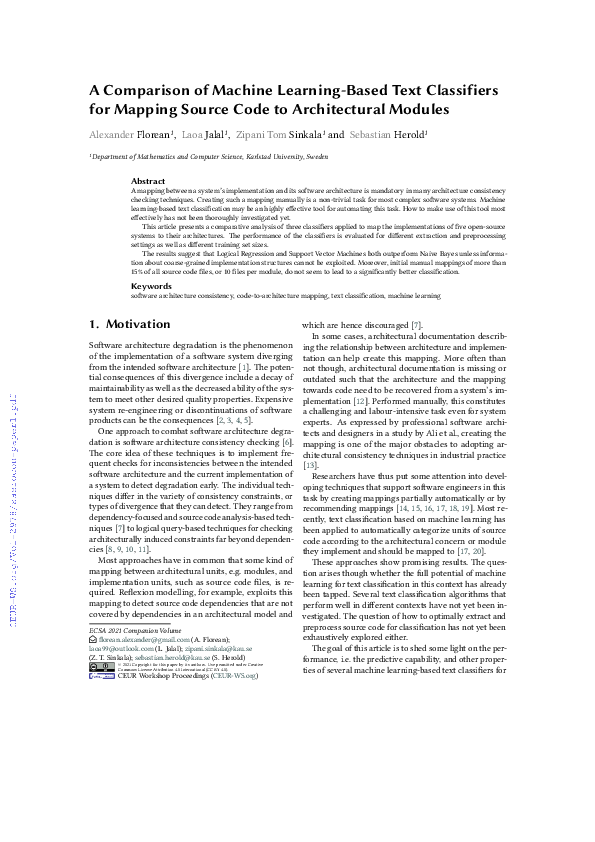(PDF) A Comparison of Machine Learning-Based Text Classifiers for Mapping Source Code to ...
