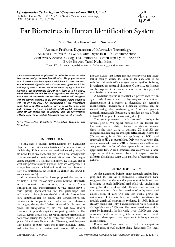(PDF) Ear Biometrics in Human Identification System