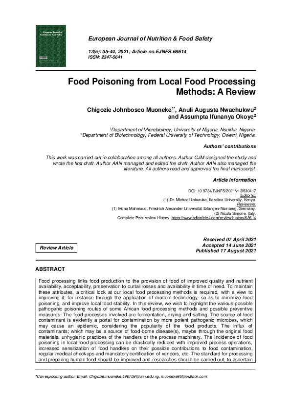 (PDF) Food Poisoning from Local Food Processing Methods: A Review