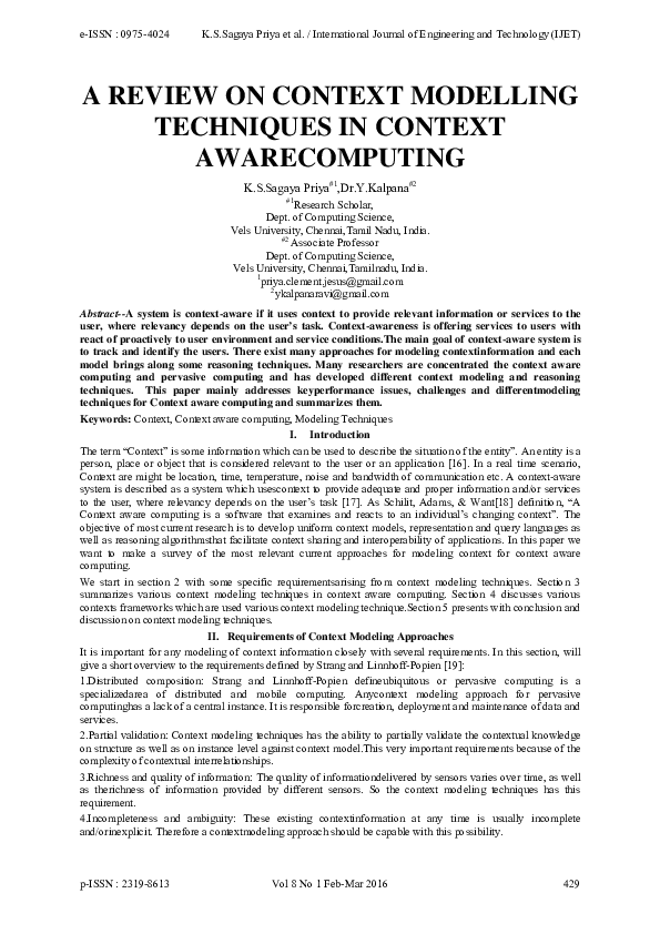Pdf A Review On Context Modelling Techniques In Context Awarecomputing