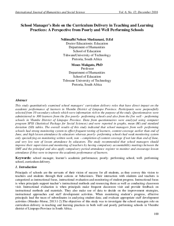 (PDF) School Manager's Role on the Curriculum Delivery in Teaching and ...