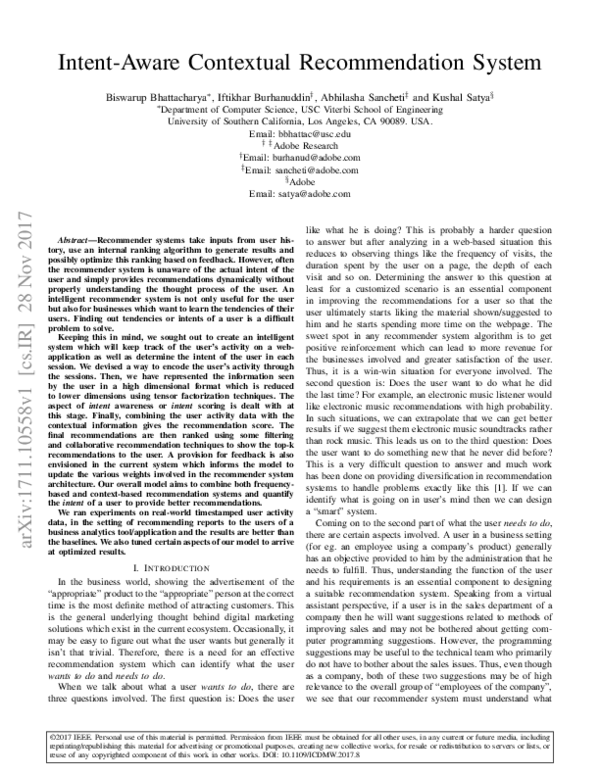 (PDF) Intent-Aware Contextual Recommendation System