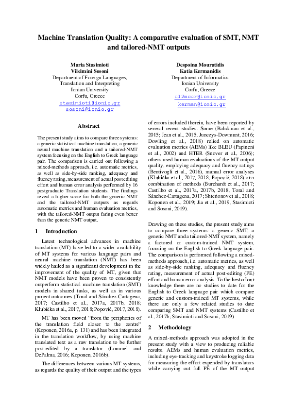 (PDF) Machine Translation Quality: A comparative evaluation of SMT, NMT ...