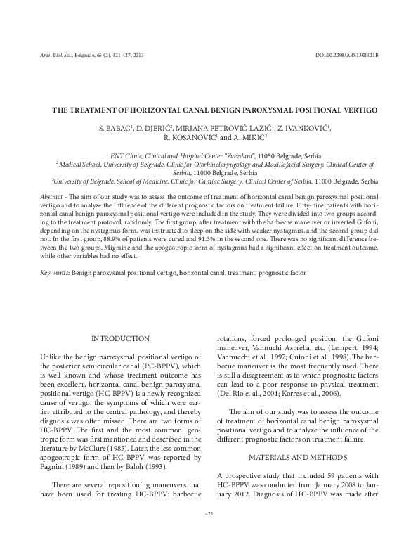 (PDF) The treatment of horizontal canal benign paroxysmal positional ...