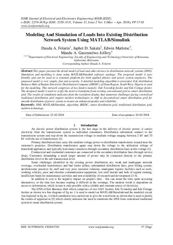 (PDF) Modeling And Simulation of Loads Into Existing Distribution Network System Using MATLAB ...