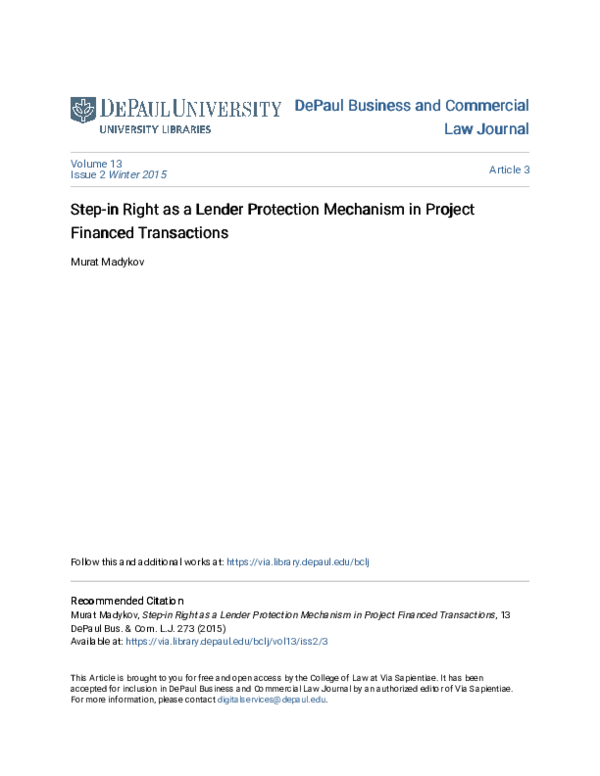 (PDF) Step-in Right as a Lender Protection Mechanism in Project ...